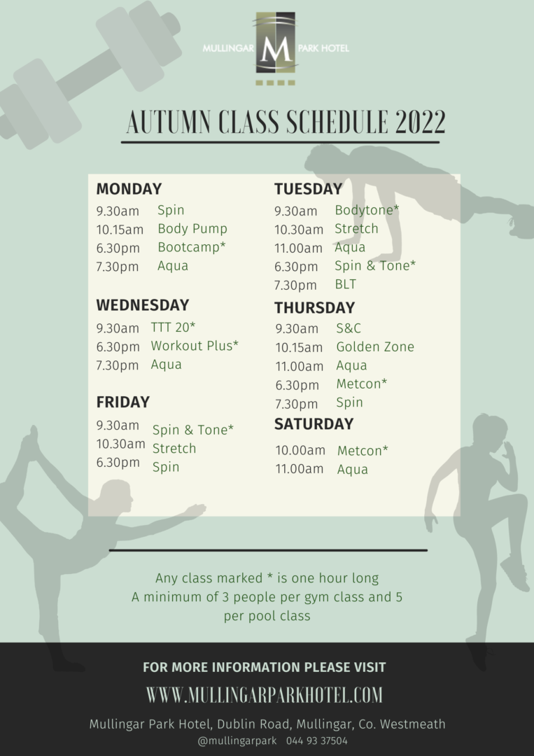 Grey and Peach Illustrated Yoga Timetable Poster | Mullingar Park Hotel